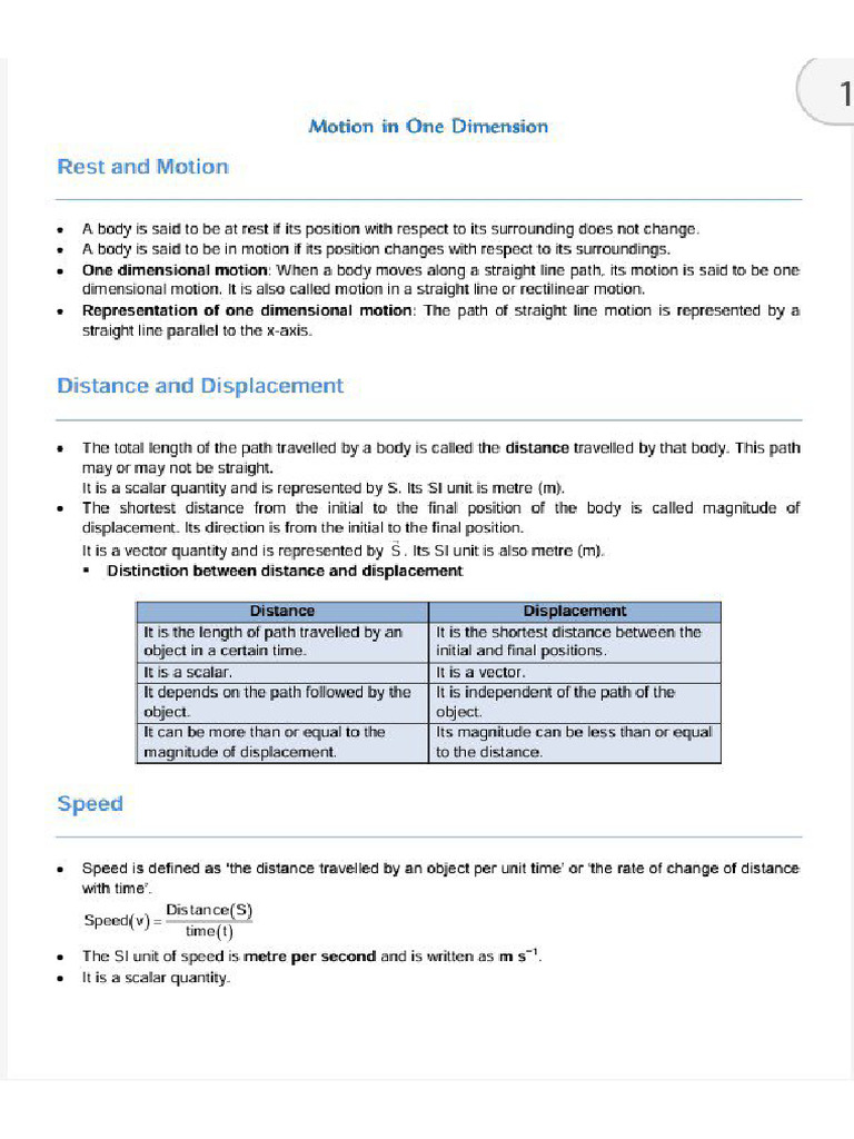 Physics Short Notes Motion in One Dimension | PDF