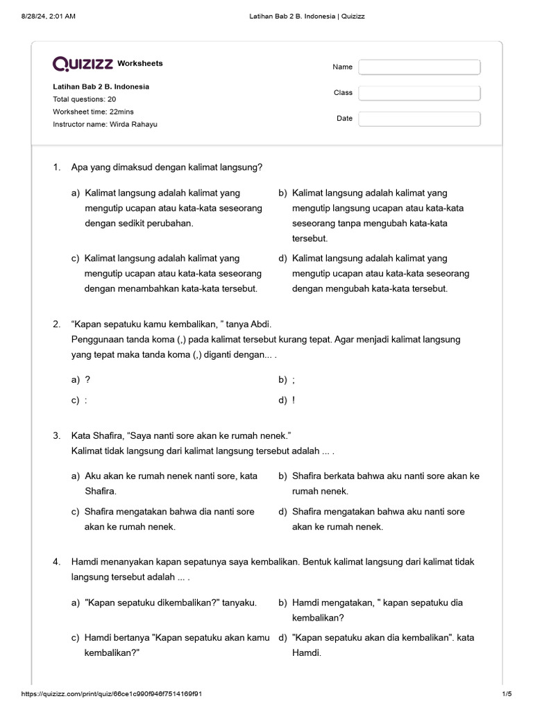 Latihan Bab 2 Kelas 5 | PDF