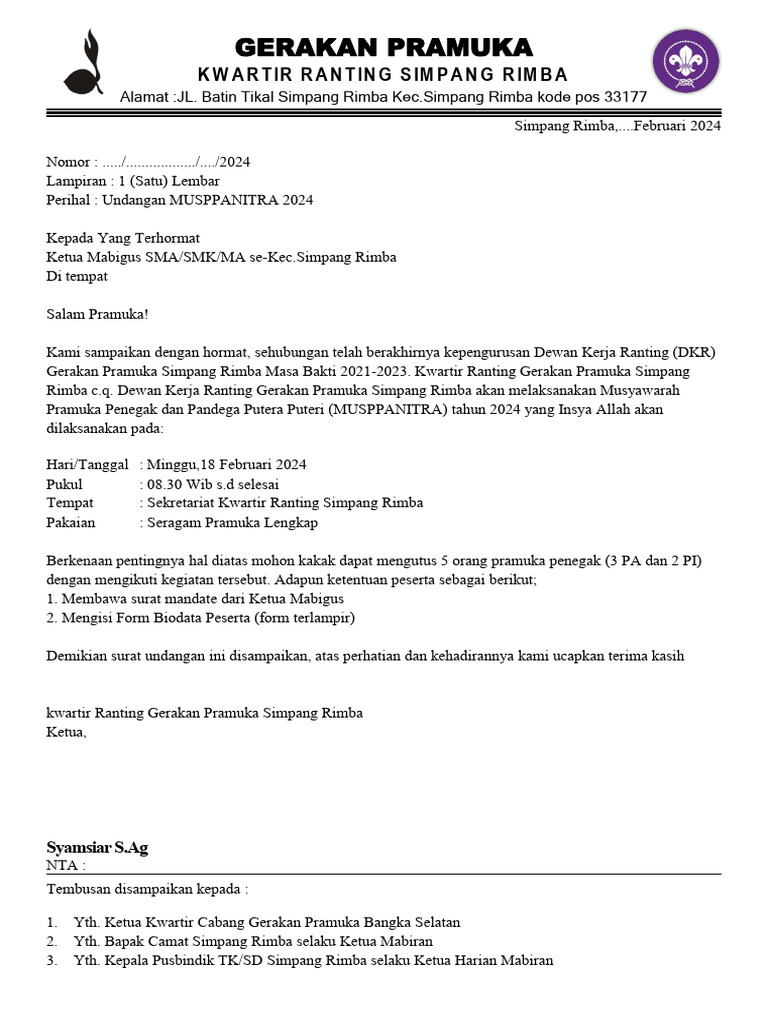 Surat Undangan MUSPPANITRA DKR Simba Gugus Depan | PDF