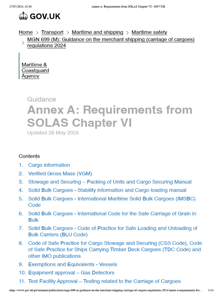 Annex A - Requirements From SOLAS Chapter VI - GOV - UK | PDF | Cargo | Computers