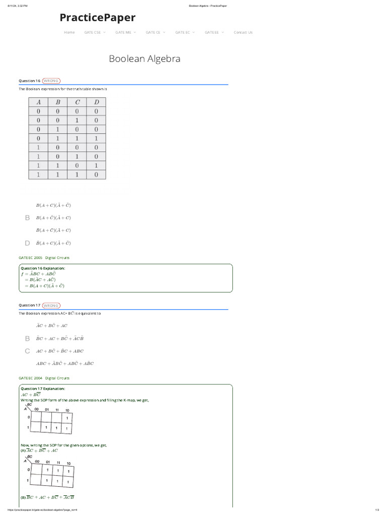 Boolean Algebra - PracticePaper4 | PDF
