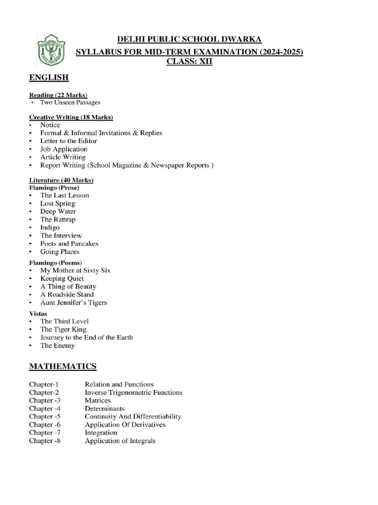 CLASS XII MID-TERM SYLLABUS 2024-25 - Copy HFHJ | PDF CLASS XII MID-TERM SYLLABUS 2024-25 - Copy HFHJ | PDF