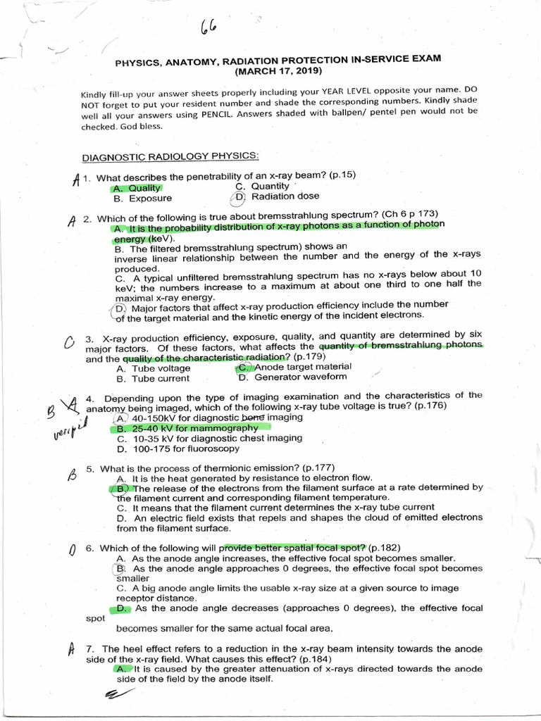 March 17 2019 Physics Anatomy Radiation Protection in Service Exam | PDF
