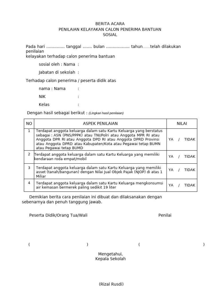 Draft BA Penilaian Kelayakan Penerima Bansos KJP 2024 | PDF