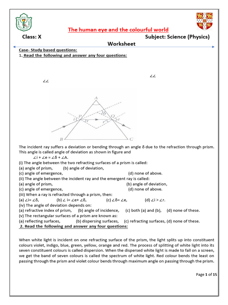 Class 10 Human Eye & Light Worksheet | PDF | Refraction | Light