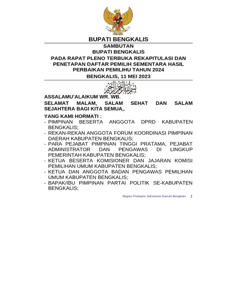 Mei Pidato Bupati Pada Rapat Pleno Terbuka Rekapitulasi DPSHP Pemilu 2024 | PDF