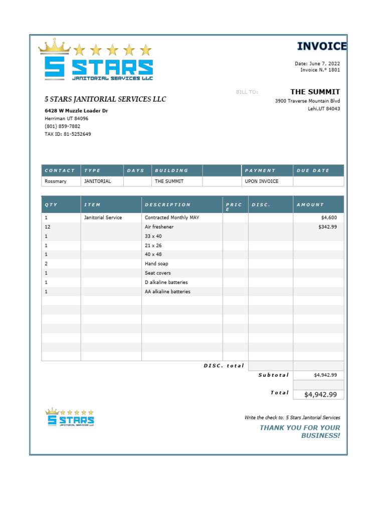 5 Stars Invoice 1801 - Summit | PDF
