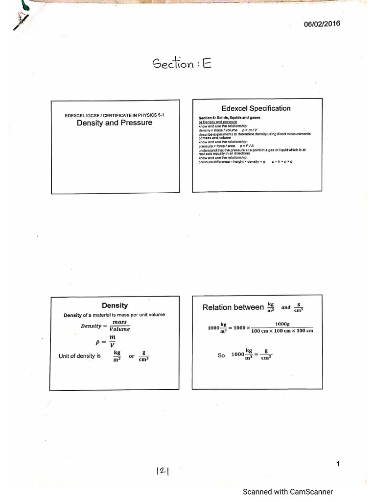 Physics Notes On 1. Density and Pressure, 2. Solids, Liquids and Gases ...