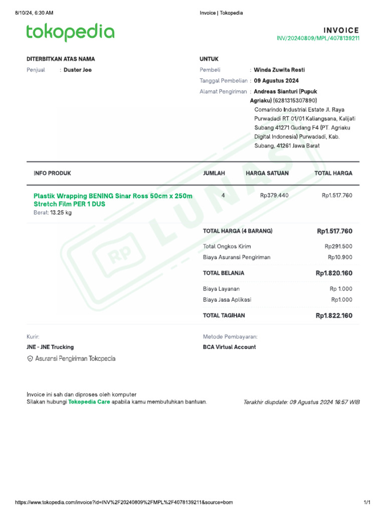 Invoice - Tokopedia - 1P - Jateng - Plastic Wrapping 24 Roll | PDF