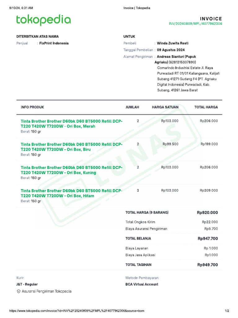 Invoice - Tokopedia - 1P - Jateng - Tinta Printer 9 Box | PDF