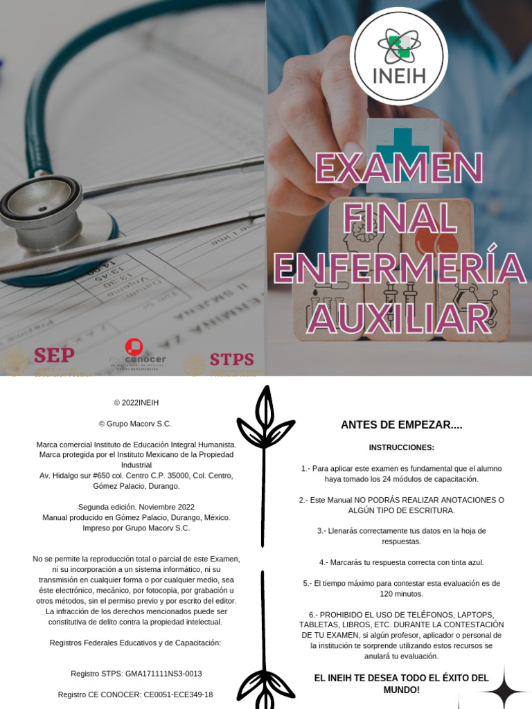 Examen Final Enfermería Auxiliar2 | PDF | Índice de masa corporal | Reanimación cardiopulmonar