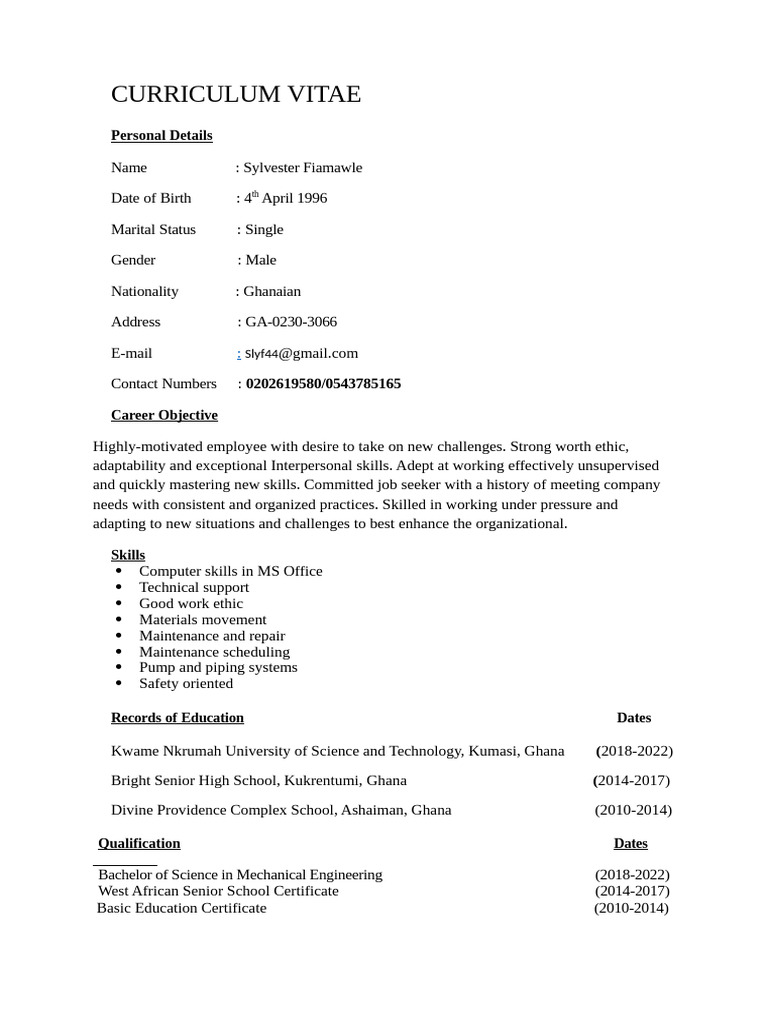 Sylvester Fiamawle's CV | PDF
