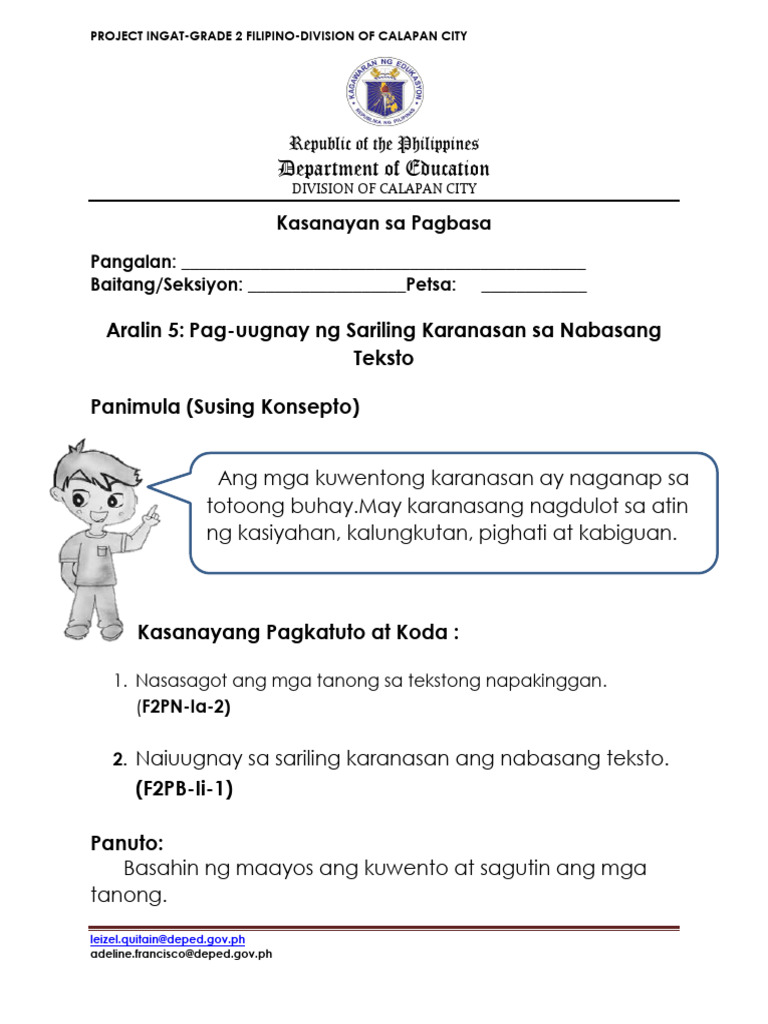 Activity 1 Grade 2 Project Ingat Filipino | PDF