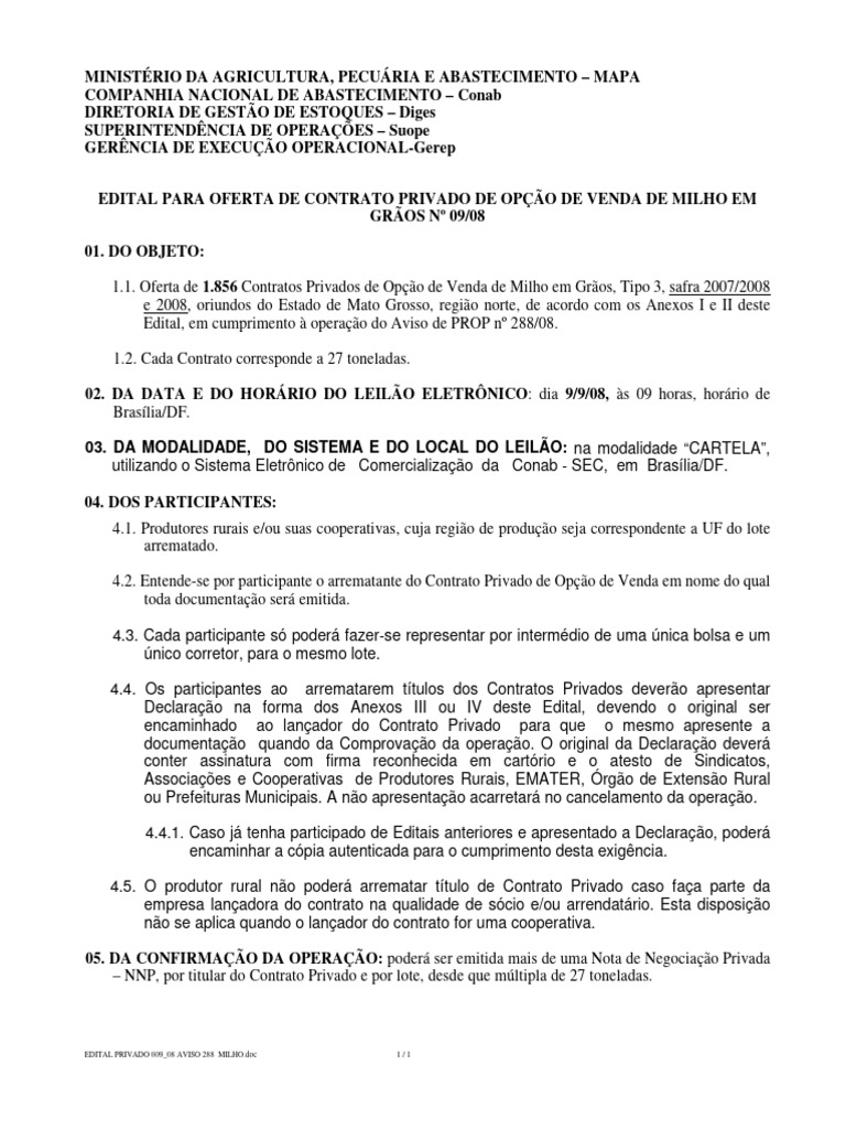 Edital de CPOV N 009-2008 - Milho em Graos | PDF