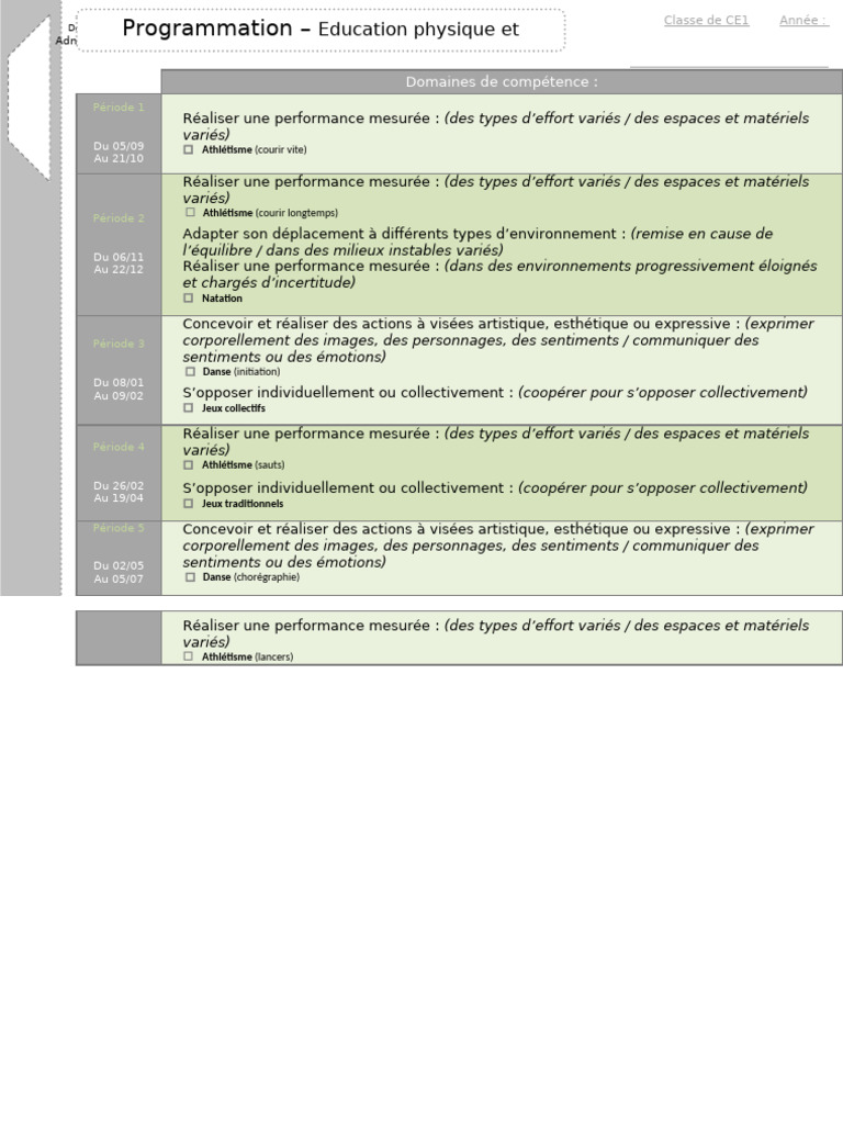 Programmation EPS - 2023 CE1 | PDF