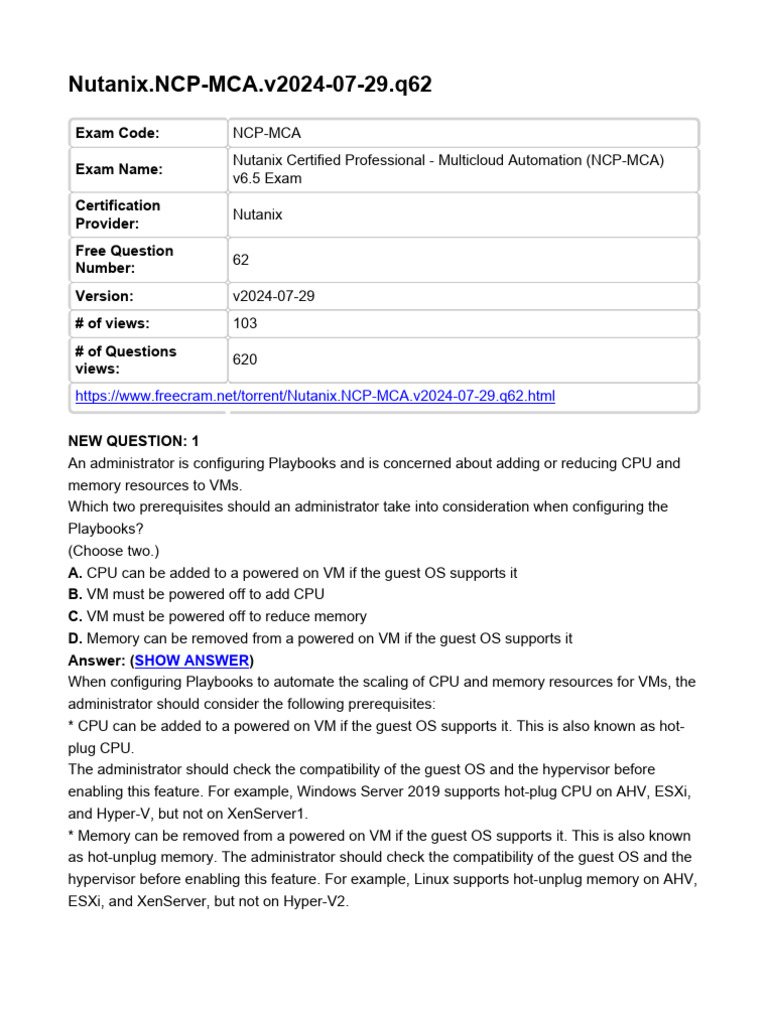 Nutanix NCP-MCA v2024-07-29 q62 | PDF