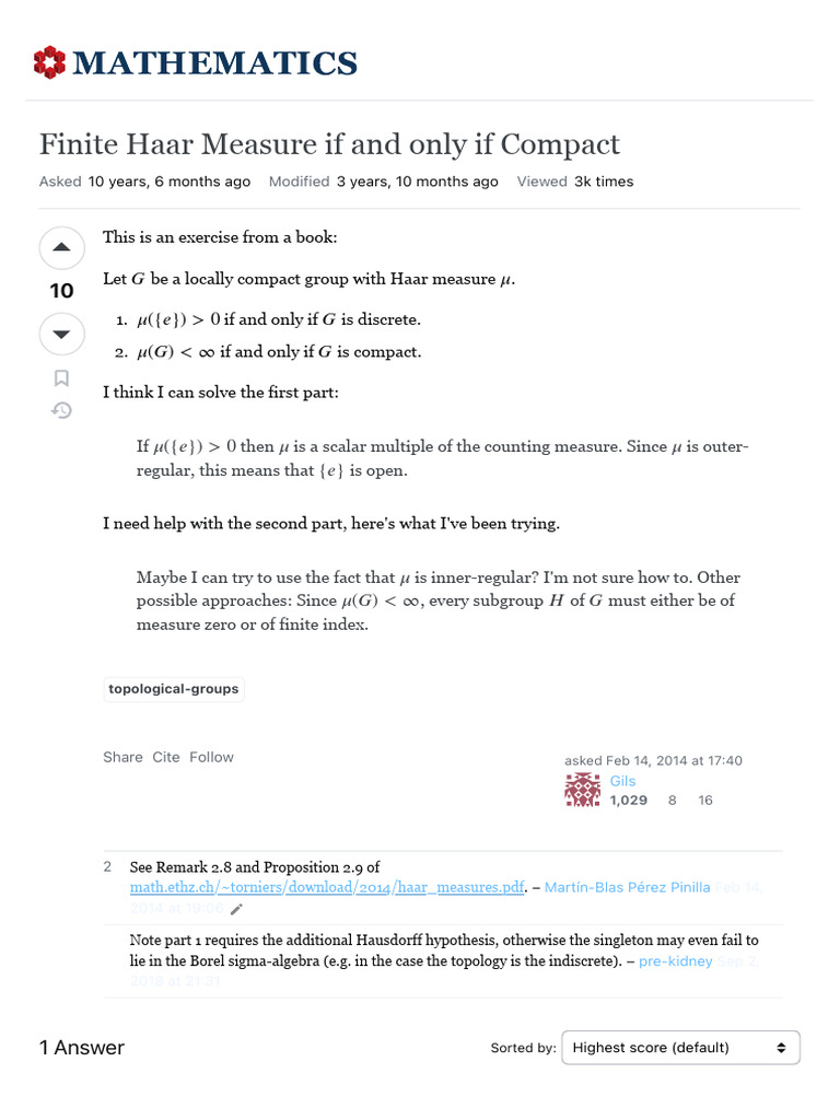 Topological Groups - Finite Haar Measure If and Only If Compact ...