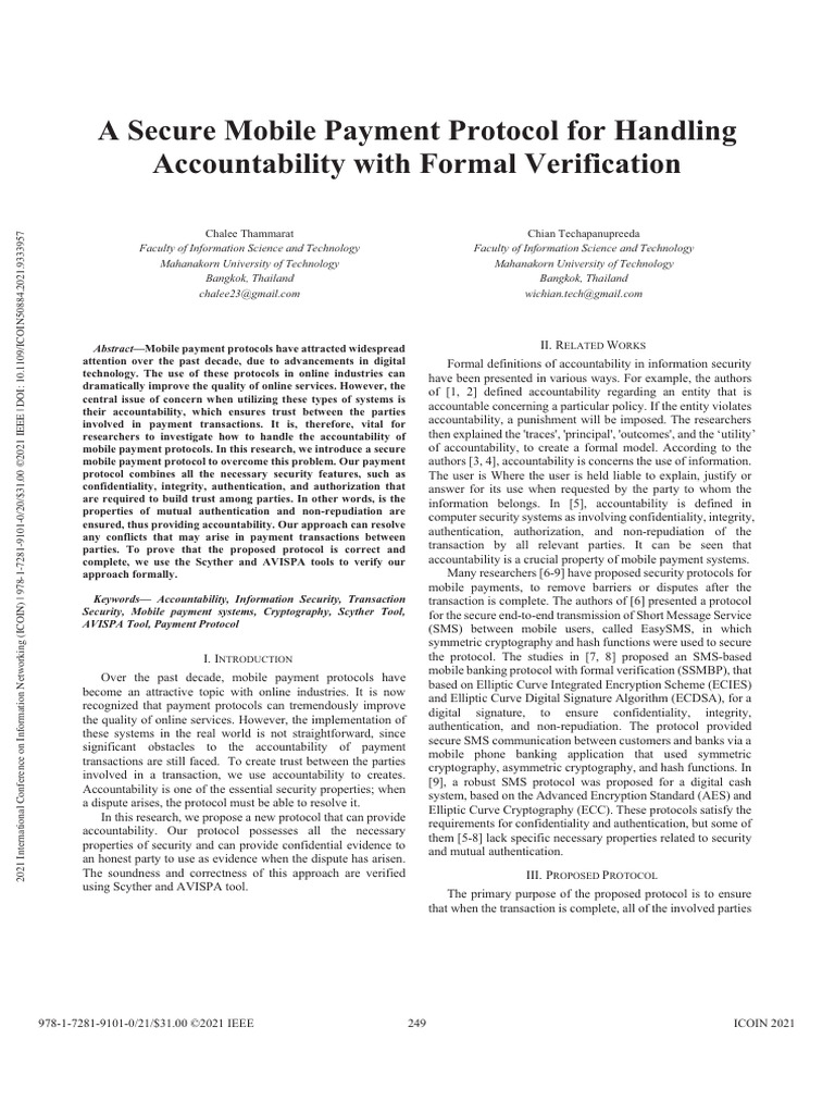 A Secure Mobile Payment Protocol For Handling Accountability With Formal Verification | PDF
