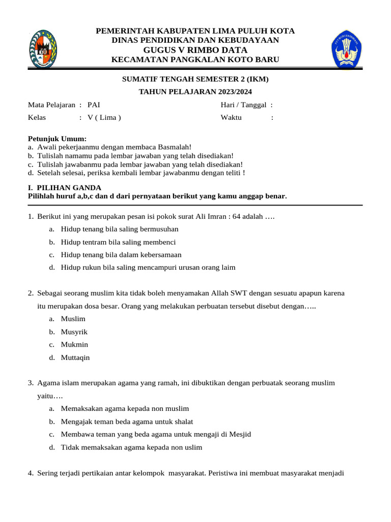 Soal Pai Kls 5 Mid SMT 2 | PDF