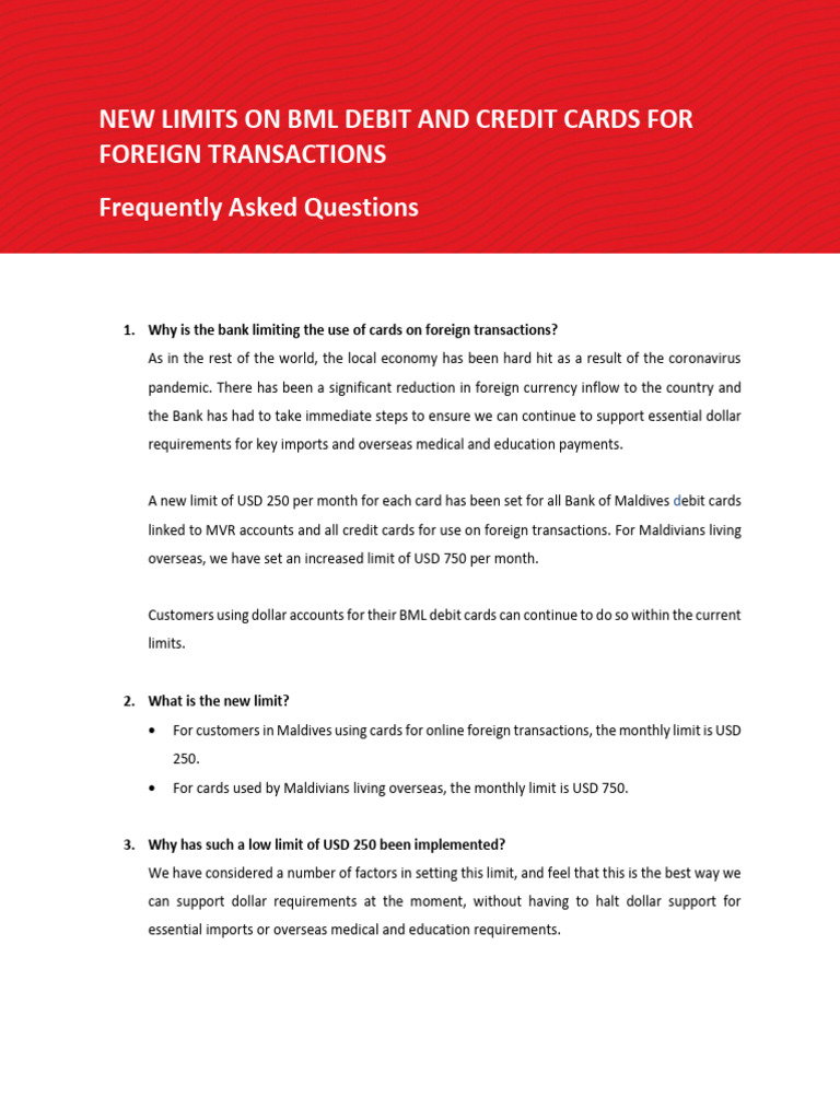 Faq Limits On BML Debit and Credit Cards For Foreign Transactions Sep ...