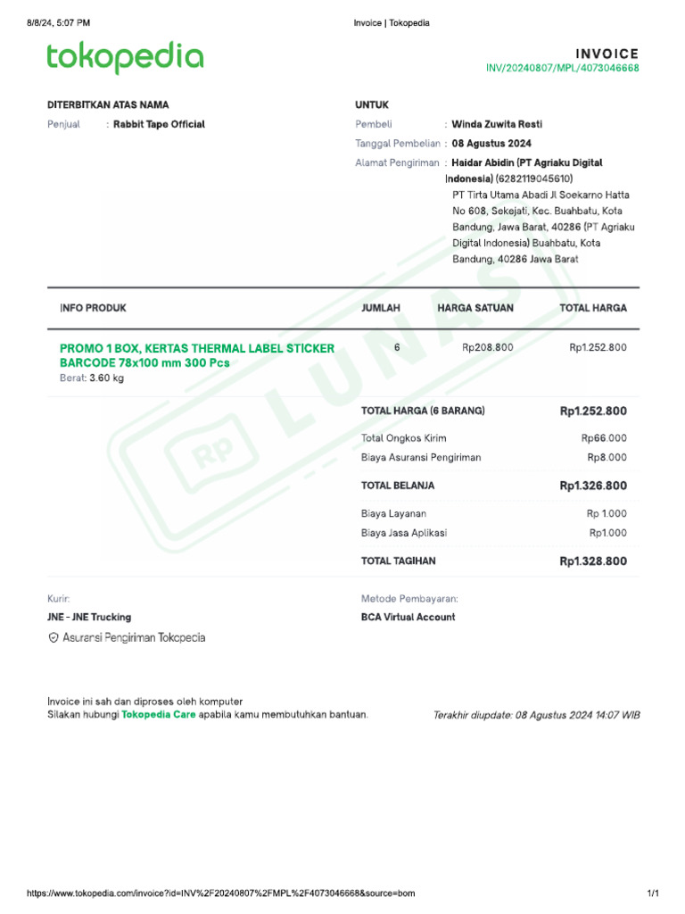 Invoice Tokopedia 1P Bandung Thermal 72 Roll | PDF