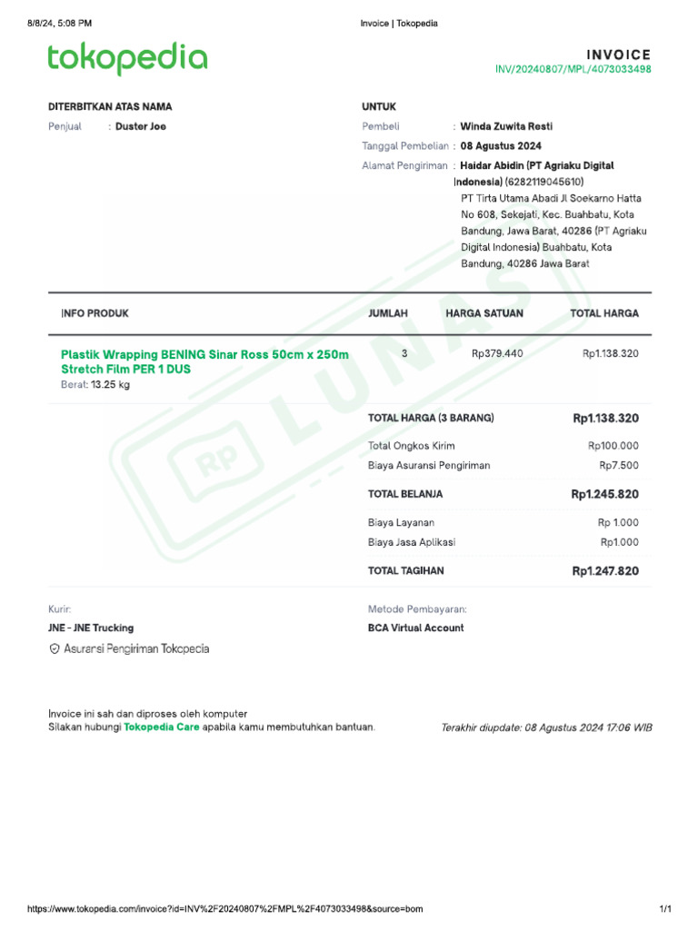 Invoice - Tokopedia - 1P - Bandung - Plastic Wrapping 3 Dus | PDF