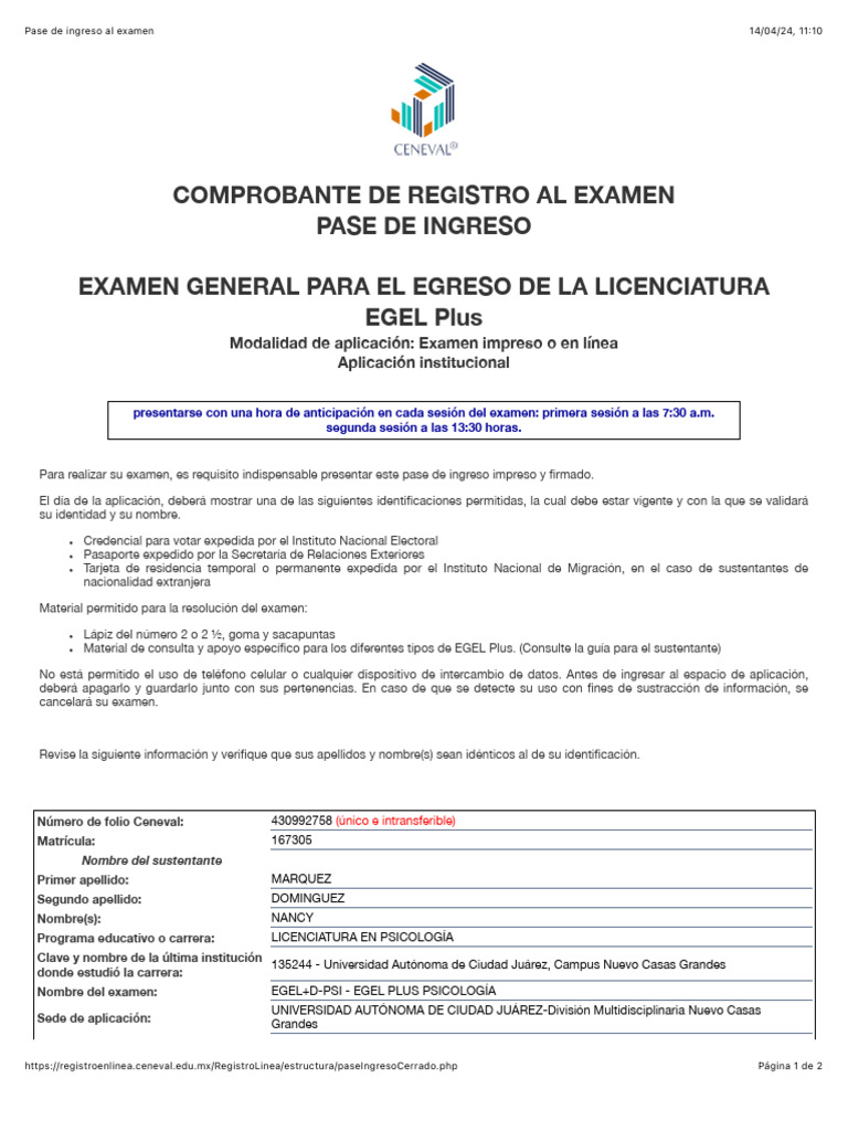 Pase de Ingreso Al Examen | PDF