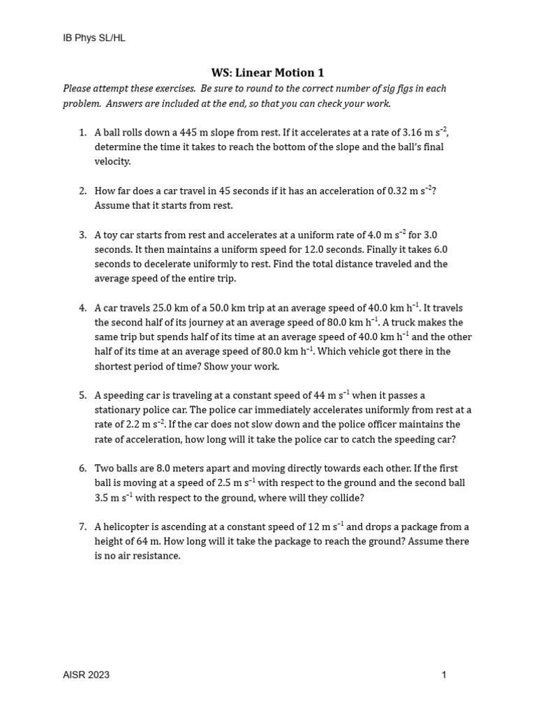WS Linear Motion 1 | PDF
