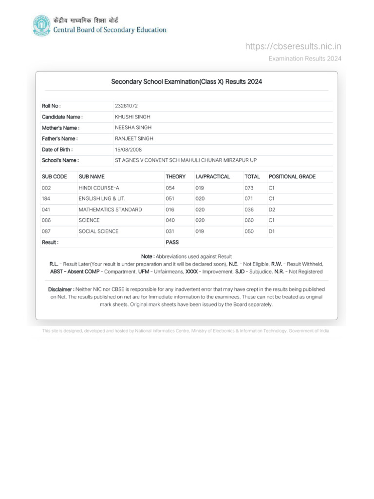 CBSE Class X Result for Khushi Singh | PDF