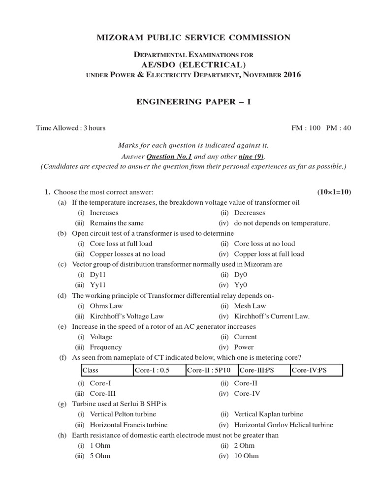 Ae Sdo 2016 Under P e Deptt Electrical Engineering Paper I | PDF