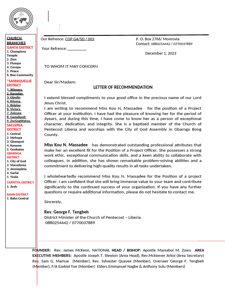 Letter of Recomendation - Gbarnga | PDF