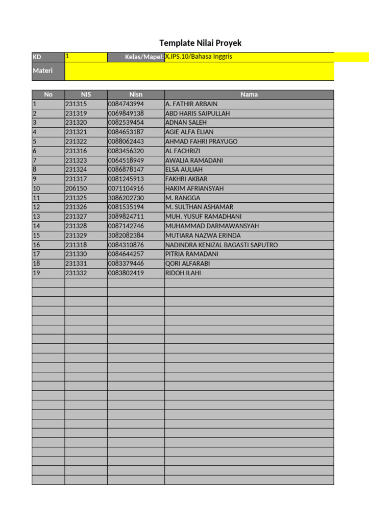 Template Nilai Proyek-X.ips.10 | PDF