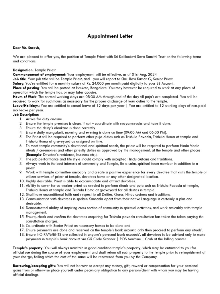 Appointment Letter - Temple Priest - Suresh | PDF