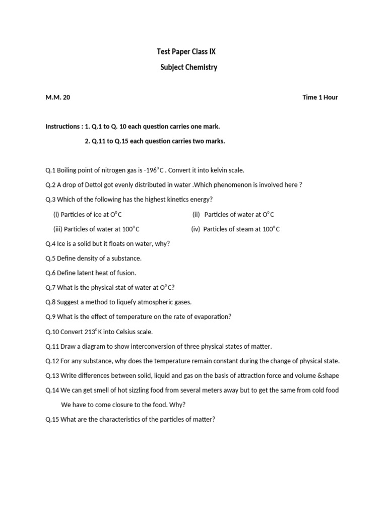Chemistry Test Paper Class IX | PDF