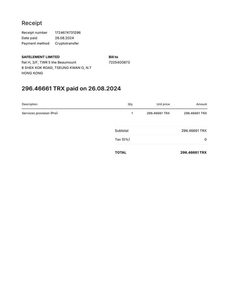 Receipt: 296.46661 TRX Paid On 26.08.2024 | PDF