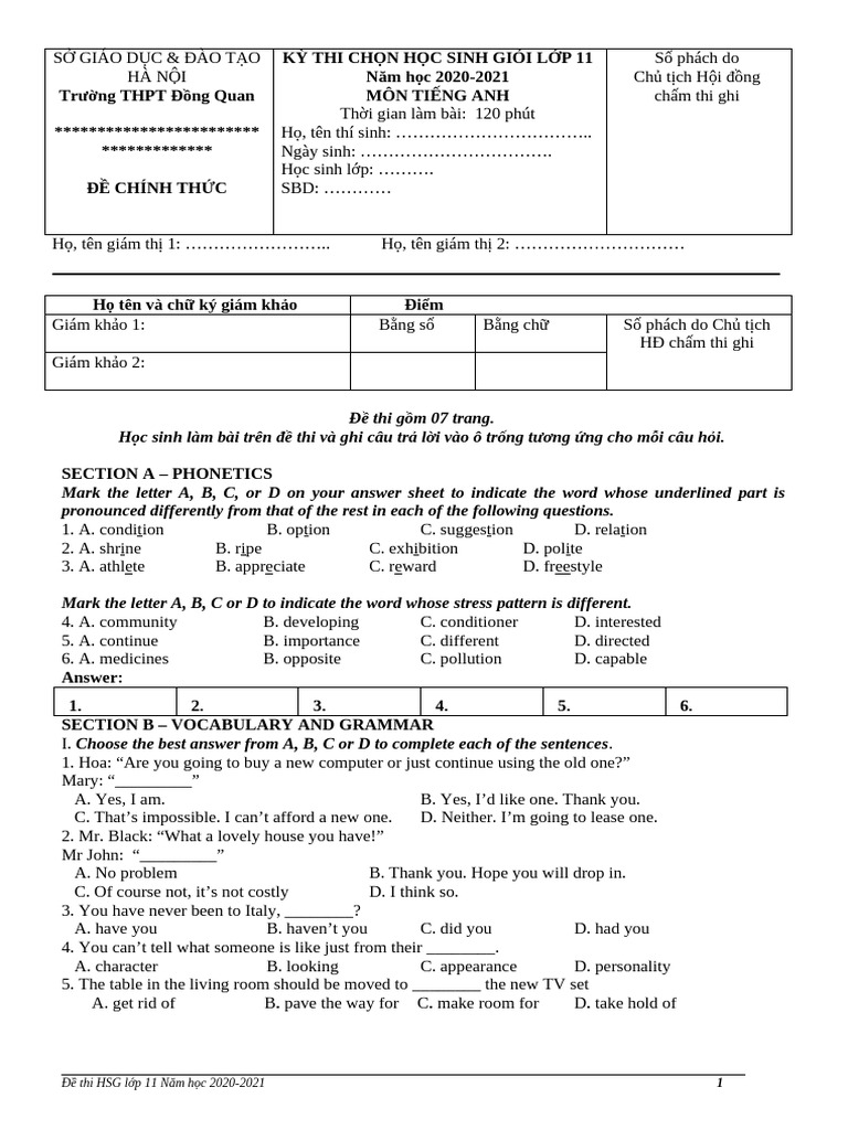 De Thi HSG T. Anh Lop 11 | PDF