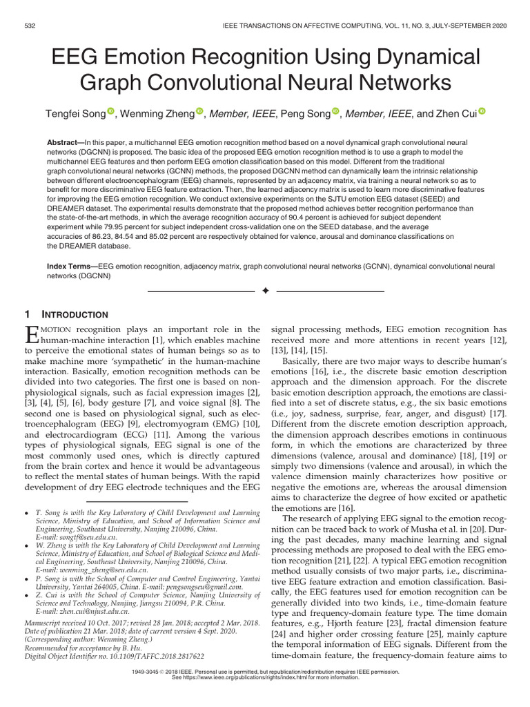 (2020 - Published) EEG Emotion Recognition Using Dynamical Graph Convolutional Neural Networks | PDF