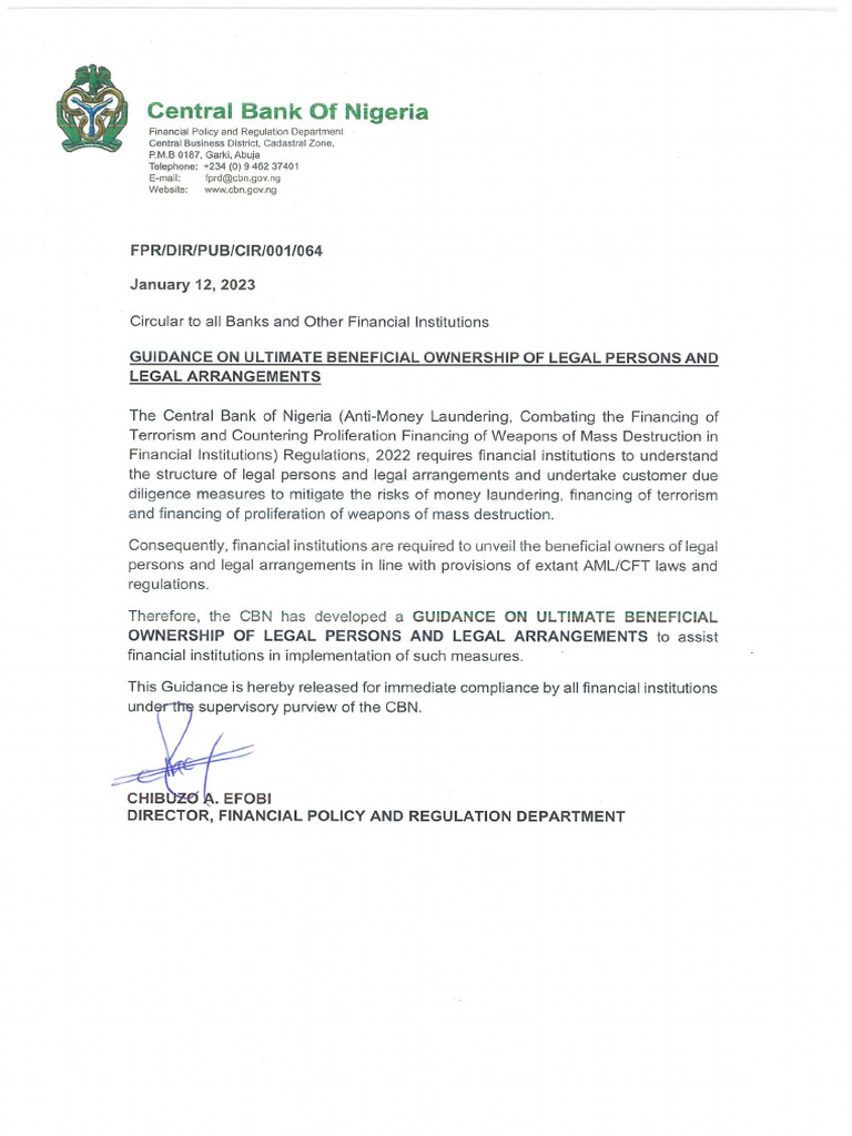 CBN - Guidance UBO of Legal Persons and Legal Arrangements | PDF