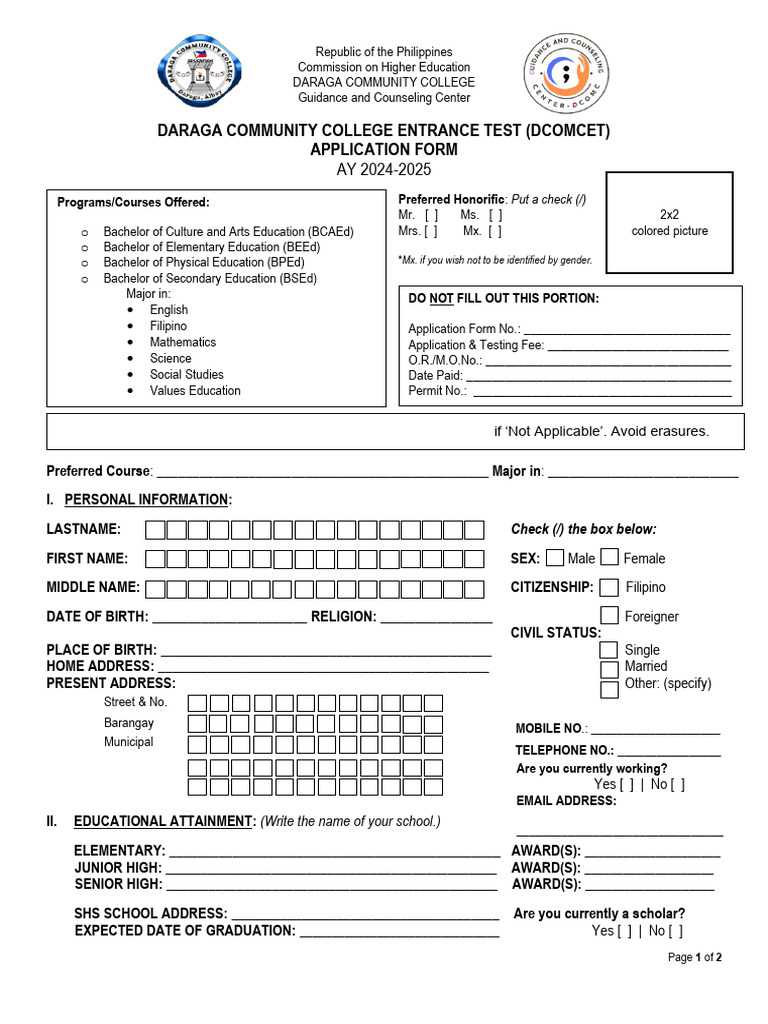 Application Form-Dcomcet Sy 2024-2025 | PDF