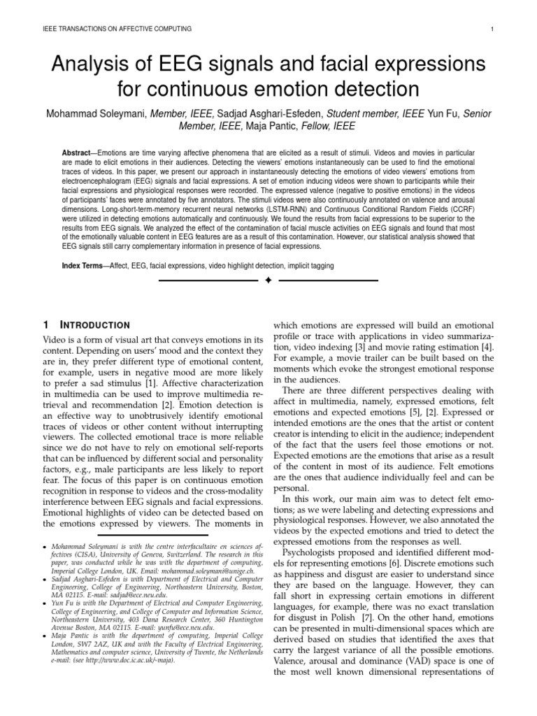 Analysis of EEG Signals and Facial Expressions For Continuous Emotion Detection | PDF