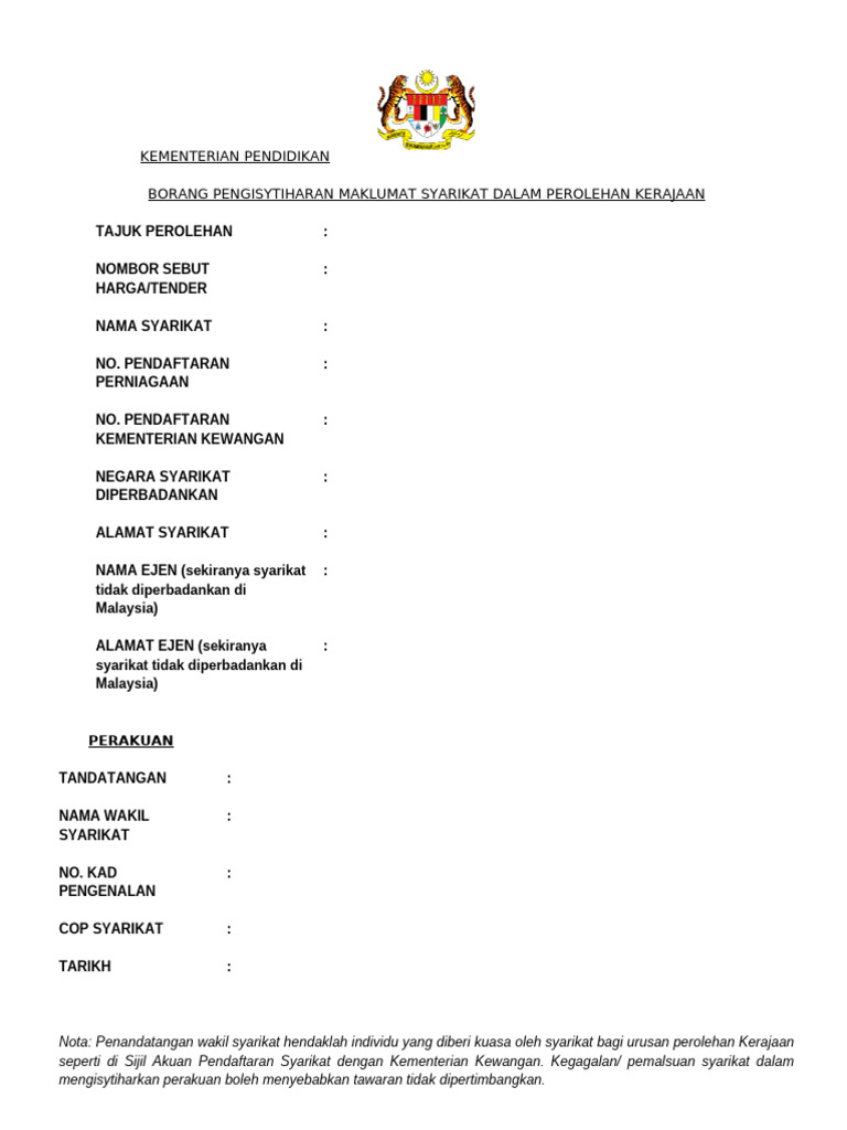 Borang Pengisytiharan Maklumat Syarikat Dalam Perolehan Kerajaan | PDF