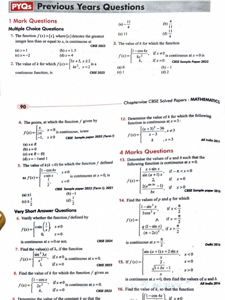 Continuity and Differentiability PYQs | PDF