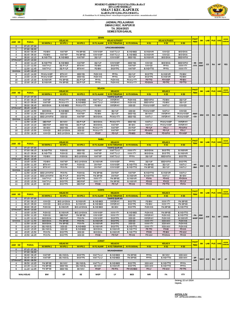 Jadwal Pelajaran Ta 2024-2025 45 MNT | PDF