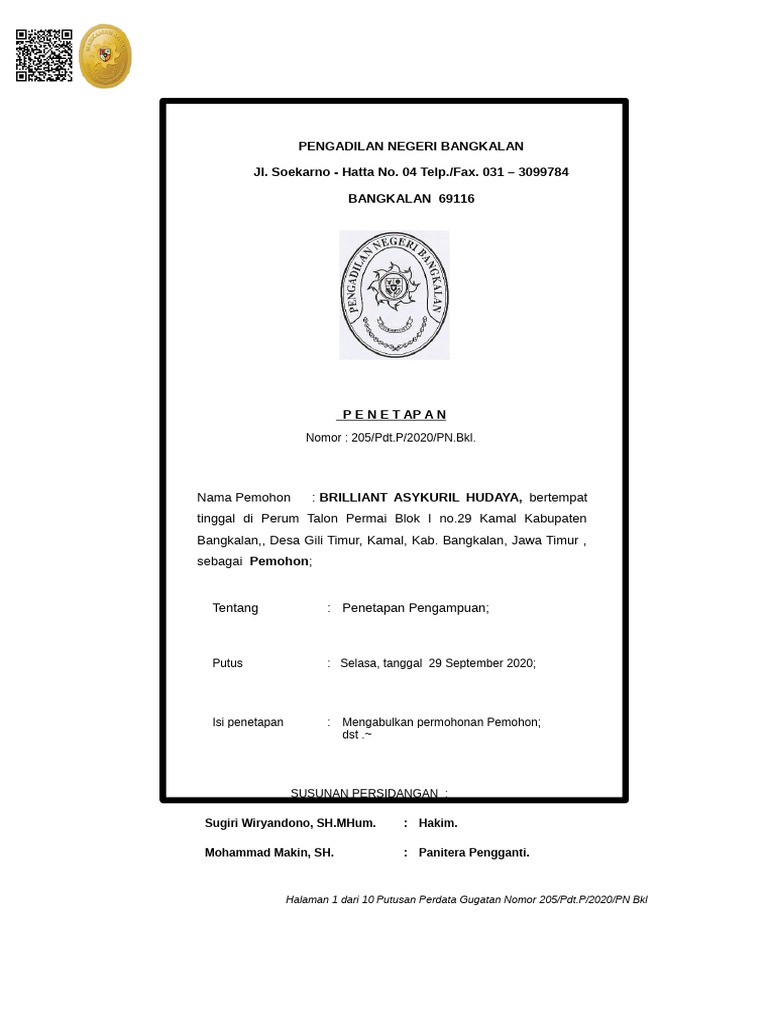 Putusan 205 PDT.P 2020 PN BKL 20201019 | PDF