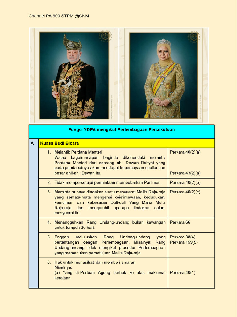 PA Sem 1 Fungsi YDPA Mengikut Perlembagaan Update Ogos 2024pdf | PDF ...