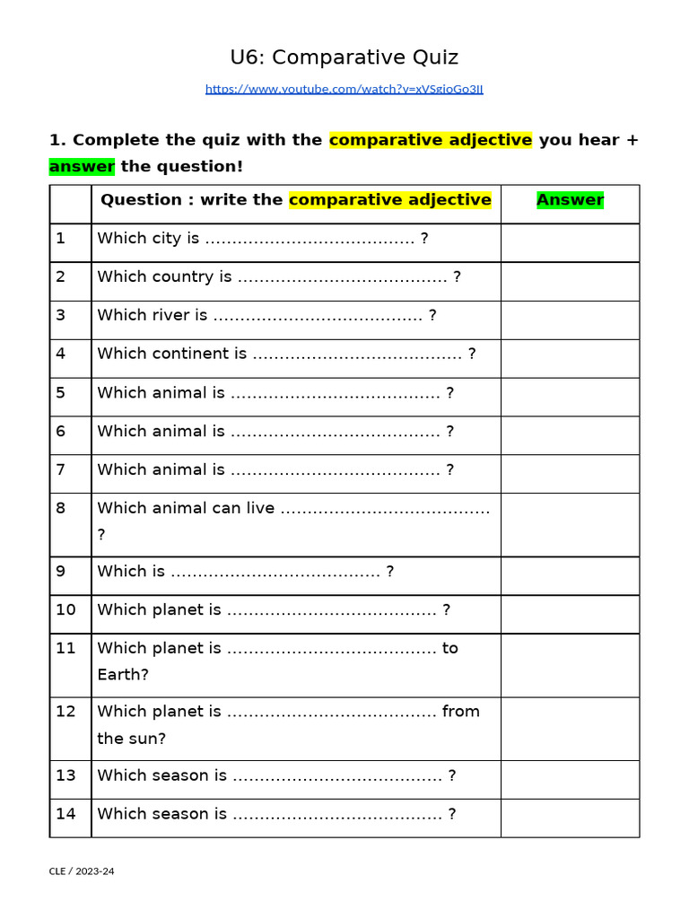 ESL Young Learners - Comparative Quiz STUDENTS | PDF