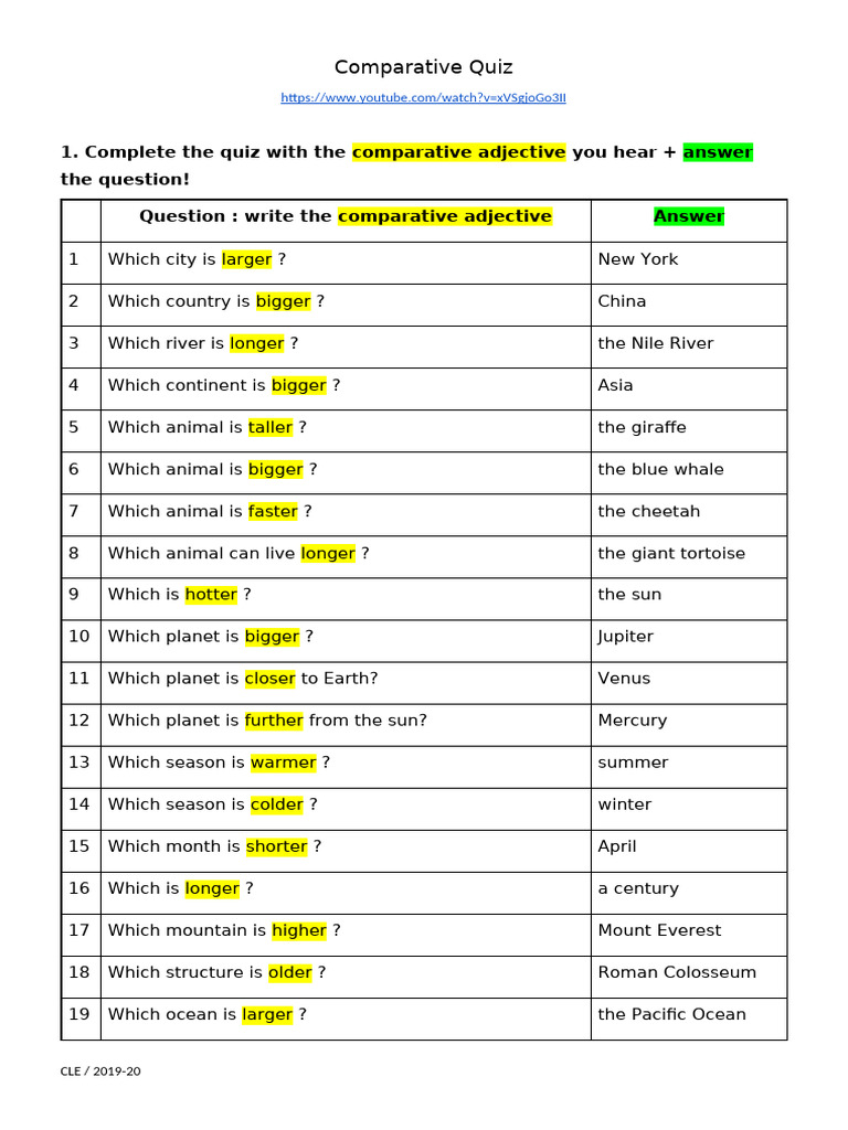 ESL Young Learners - Comparative Quiz TEACHER | PDF