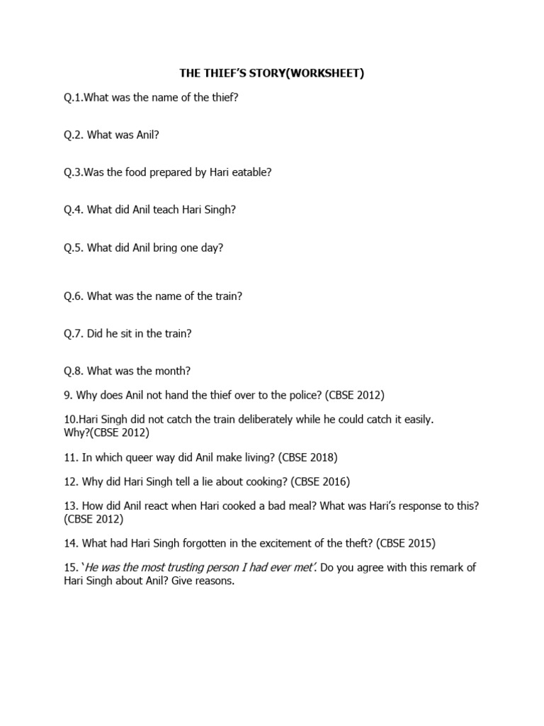 The Thief's Story (Worksheet) | PDF