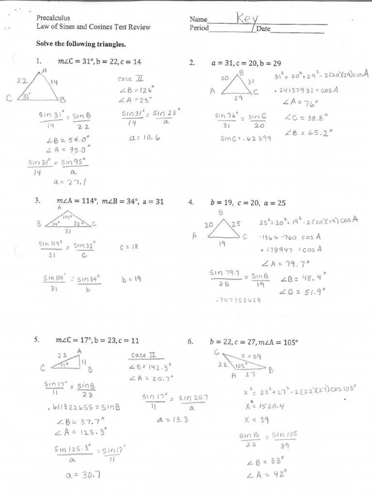 Law of Sines and Cosines Test Review Answers | PDF