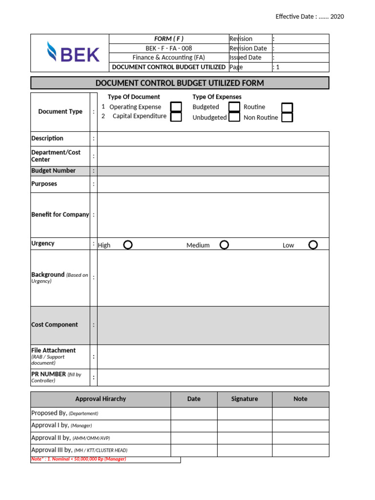 BEK - Document Control Budget Utilized Form | PDF